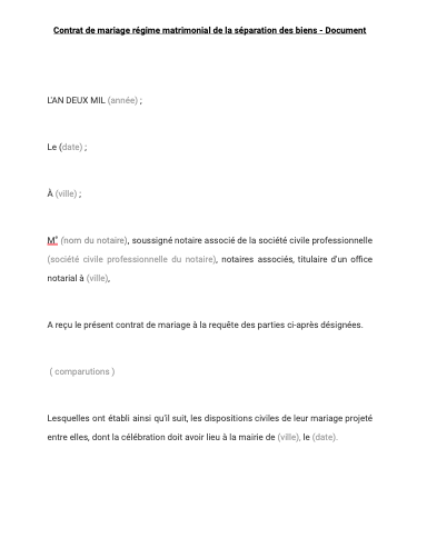 Contrat de mariage séparation de biens - document et modèle à télécharger